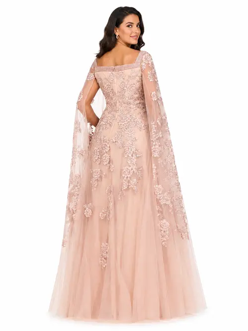 LARA NEW YORK Lace Embroidered Gown With Long Cape Sleeves