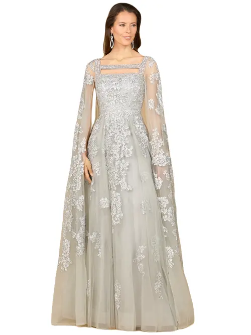 LARA NEW YORK Lace Embroidered Gown With Long Cape Sleeves - Silver