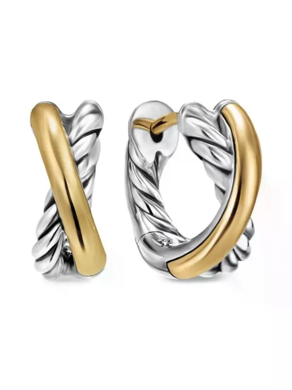 David Yurman 18kt Yellow Gold Crossover Hoop Earrings - Silver