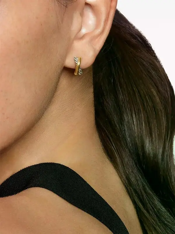 David Yurman 18kt Yellow Gold Crossover Hoop Earrings - Silver