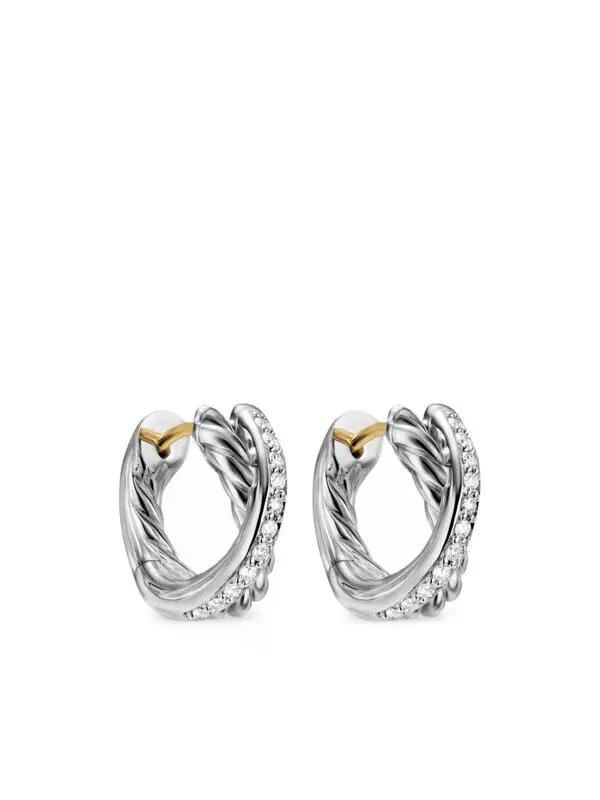David Yurman Sterling Crossover Diamond Huggie Hoop Earrings - Silver