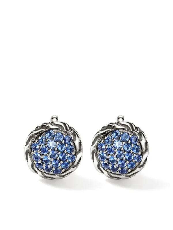 John Hardy Carved Chain Sapphire Stud Earrings - Silver