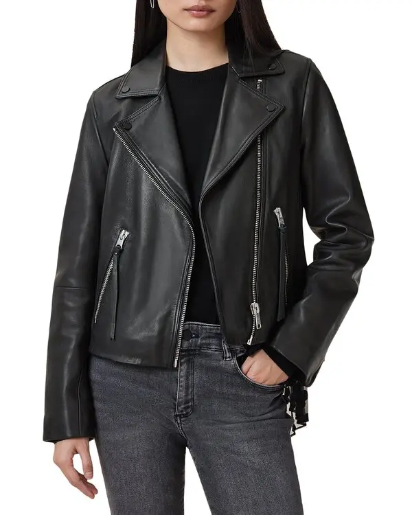 ALLSAINTS Dalby Slim Fit Leather Biker Jacket - Black/silver