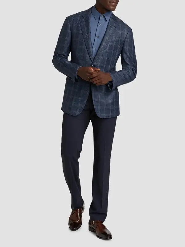 Giorgio Armani Windowpane Plaid Wool Jacket - Navy Tan