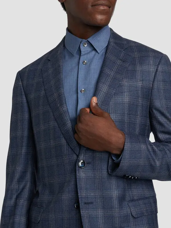 Giorgio Armani Windowpane Plaid Wool Jacket - Navy Tan