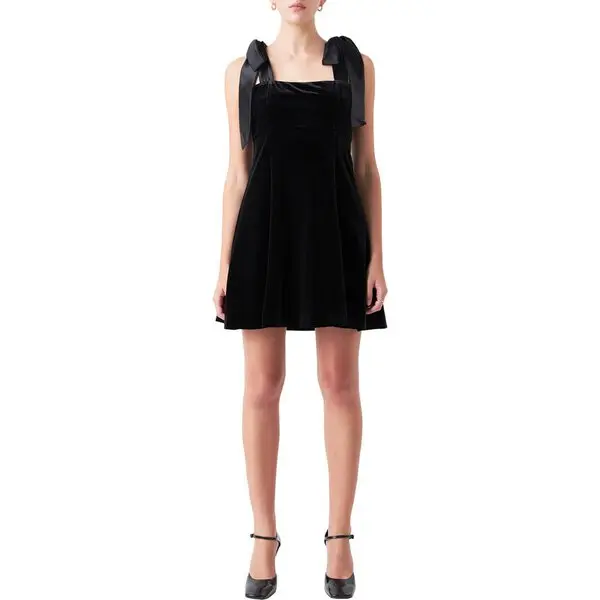 Endless Rose Tie Shoulder Velvet Minidress - Black