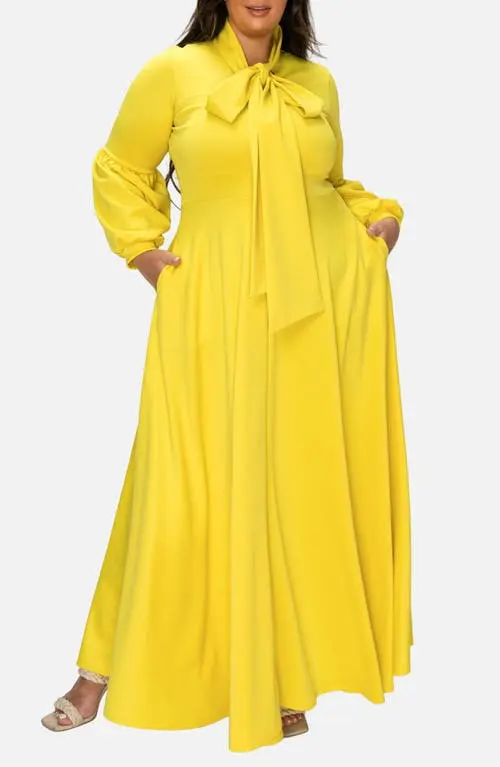 L I V D Bella Donna Long Sleeve Ribbon Tie Maxi Dress - Yellow
