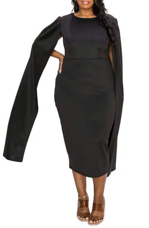 L I V D Naomi Cape Sleeve Midi Dress - Black