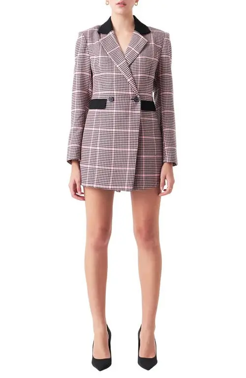Endless Rose Houndstooth Check Long Sleeve Romper - Pink Multi