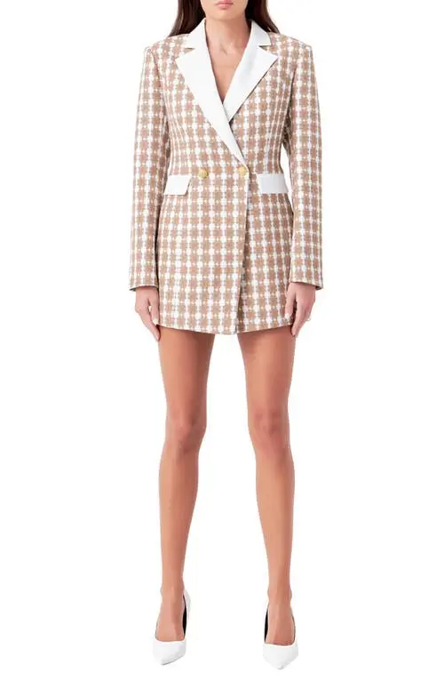 Endless Rose Houndstooth Blazer Romper - Beige/ Gold