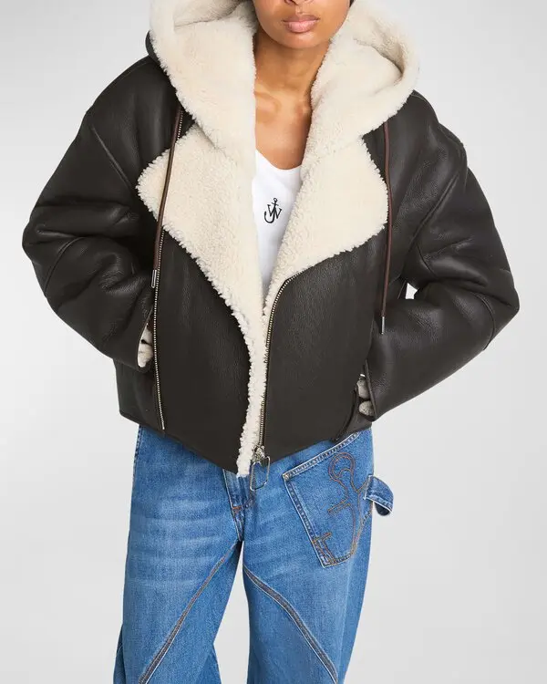 Jw Anderson Shearling Hooded Leather Biker Jacket - Brown