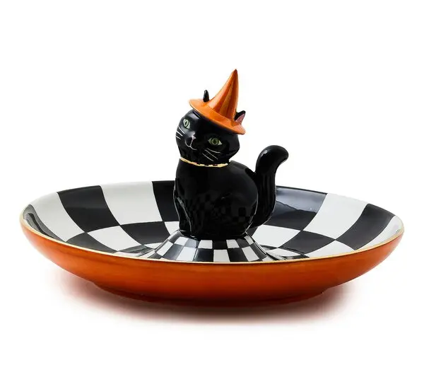 MACKENZIE-CHILDS Trick Or Treat Cat Check Candy Dish - One-color