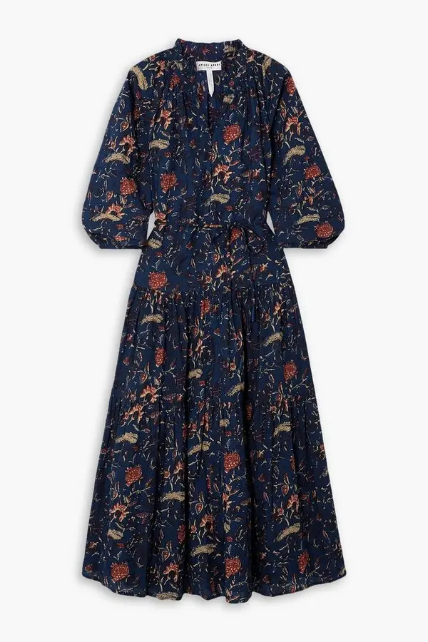 Apiece Apart Trinidad Belted Tiered Printed Cottonpoplin Maxi Dress In Navy  - 55% Off | Editorialist