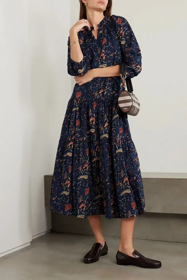apiece apart trinidad maxi dress Apiece Apart Trinidad Belted Tiered Printed Cottonpoplin Maxi Dress In Navy  - 55% Off