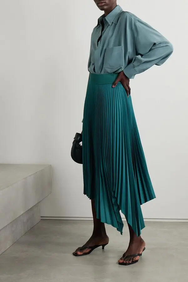 JOSEPH Ade Asymmetric Pleated Satin Midi Skirt - Petrol