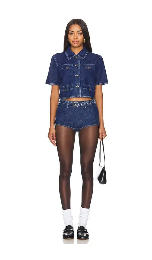 Lioness Halston Denim Cropped Shirt - Blue Denim