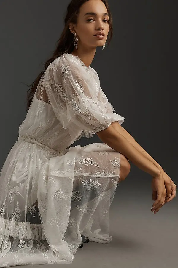 Let Me Be Short-Sleeve Ruffle Maxi Dress In White - 75% Off | Editorialist