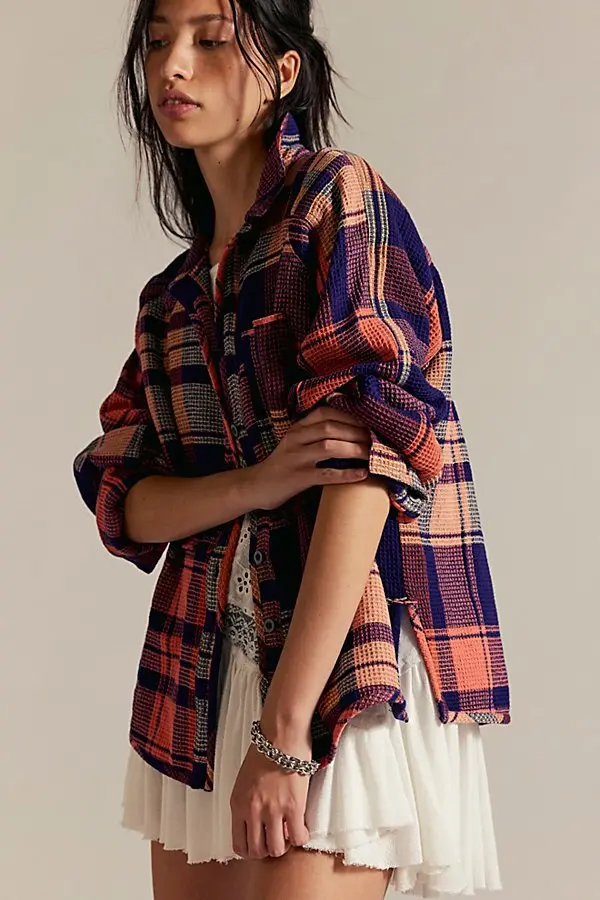 Free People We The Free Cozy In Plaid Shirt - Navy Combo - Sabrina Plaid