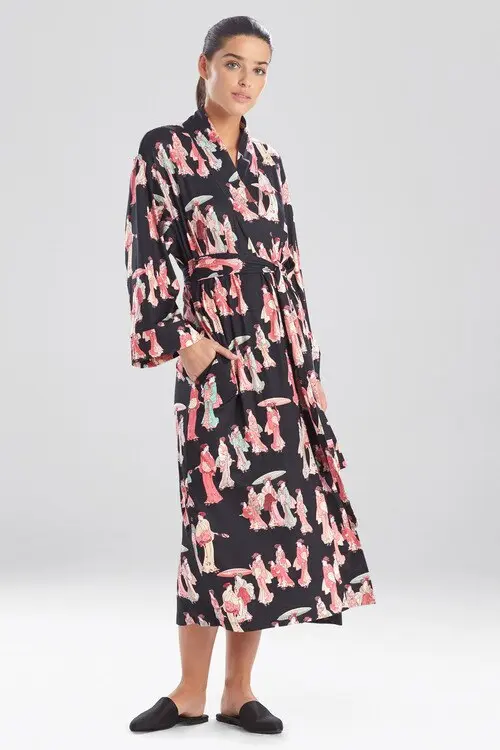 Natori Geisha Cozy Knit Robe - Black / Floral / Multicolor