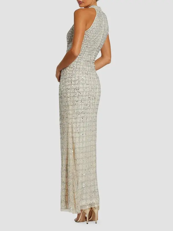 Mac Duggal Embellished Keyhole Column Gown - Beige Silver