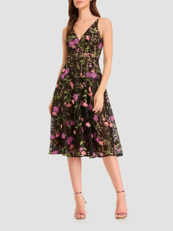 Dress The Population Elisa Floral Fit & Flare Midi-dress - Black Multi