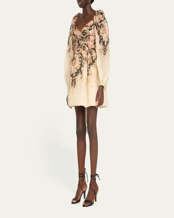 Zimmermann Floral-print Long-sleeve Draped Mini Dress