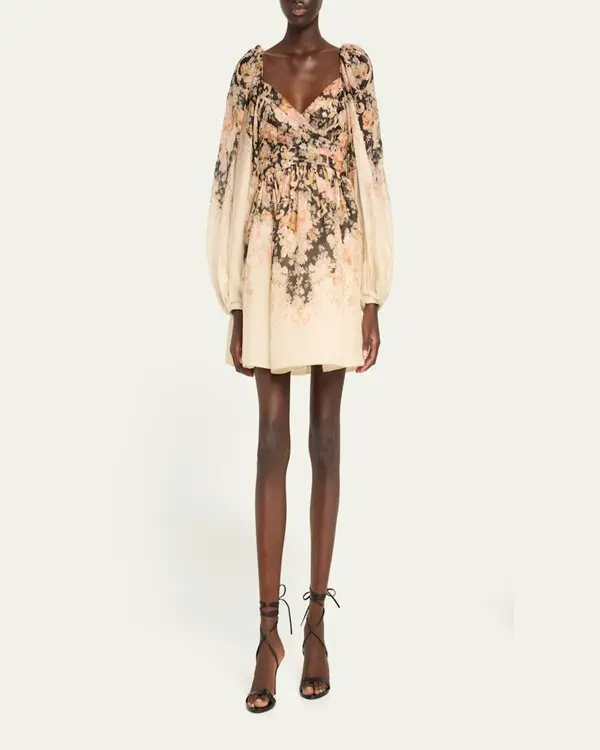 Zimmermann Floral-print Long-sleeve Draped Mini Dress