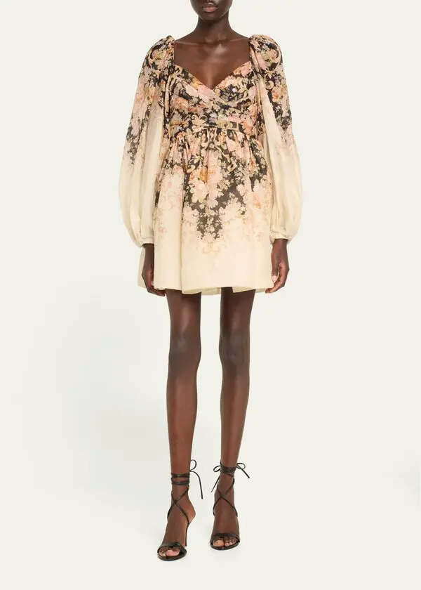 Zimmermann Floral-print Long-sleeve Draped Mini Dress