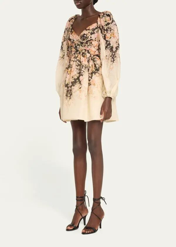Zimmermann Floral-print Long-sleeve Draped Mini Dress