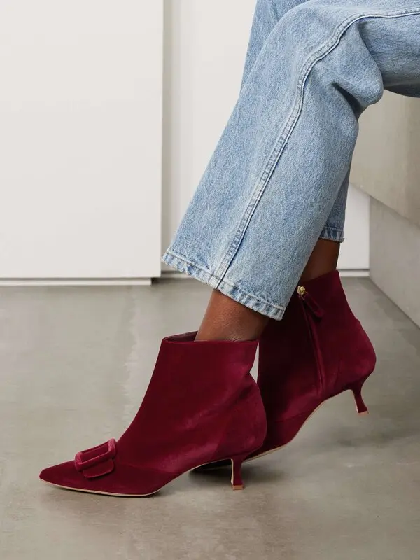 Manolo Blahnik Baylow 50 Buckled Velvet Ankle Boots - Red