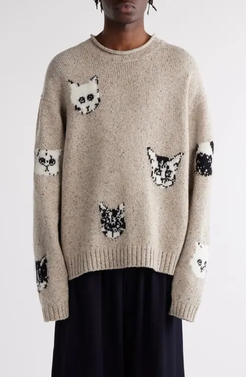 Acne Studios Jacquard Cats Oversize Donegal Sweater In Beige - 55