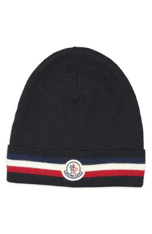 Moncler Tricolor Stripe Ribbed Wool Beanie - Black