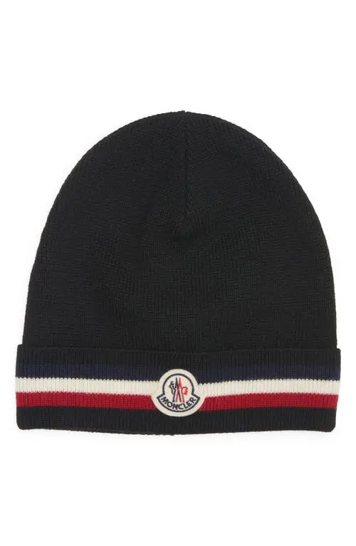 Moncler Tricolor Stripe Ribbed Wool Beanie - Black/black