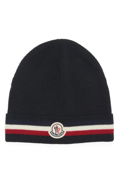 Moncler Tricolor Stripe Ribbed Wool Beanie - Navy Blue/navy Blue