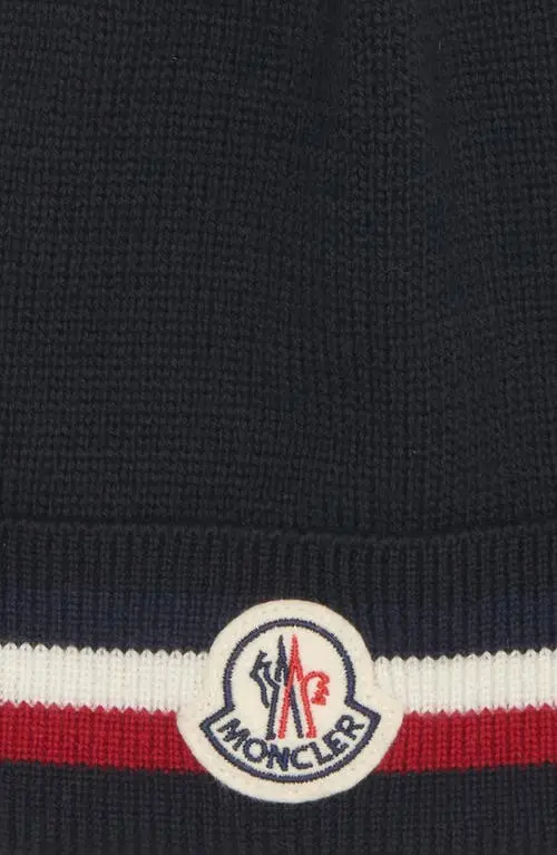 Moncler Tricolor Stripe Ribbed Wool Beanie - Navy Blue/navy Blue