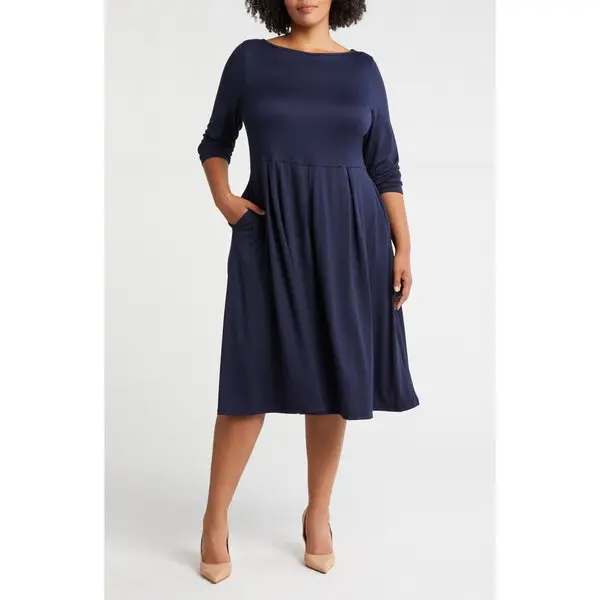 24seven Comfort Apparel Fit & Flare Long Sleeve Jersey Midi Dress - Navy |  Editorialist