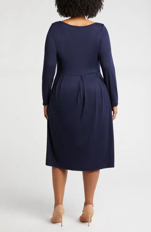 24seven Comfort Apparel Fit & Flare Long Sleeve Jersey Midi Dress - Navy |  Editorialist