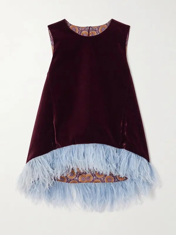 La DoubleJ Icon La Scala Feather-trimmed Cotton-velvet Top