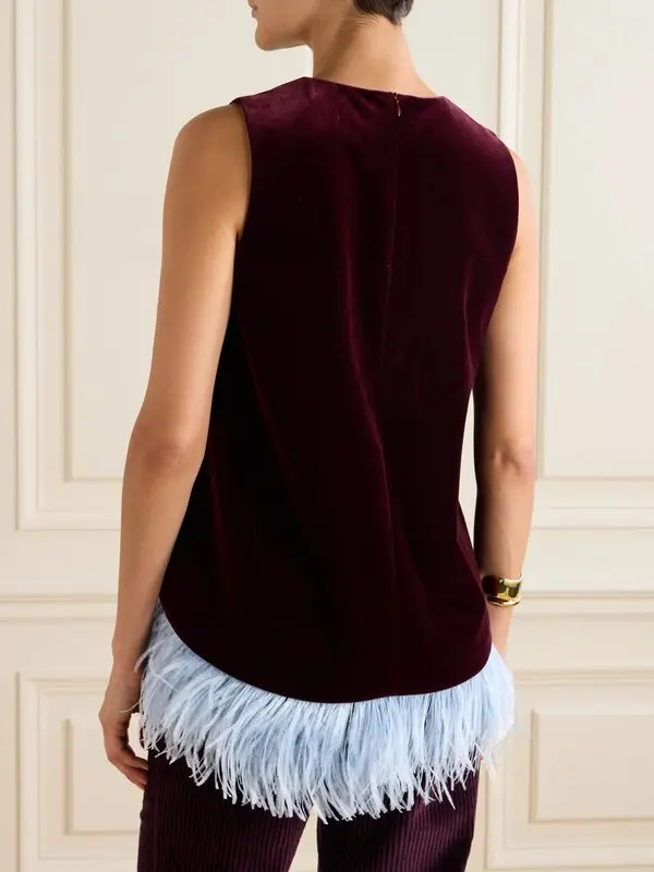 La DoubleJ Icon La Scala Feather-trimmed Cotton-velvet Top