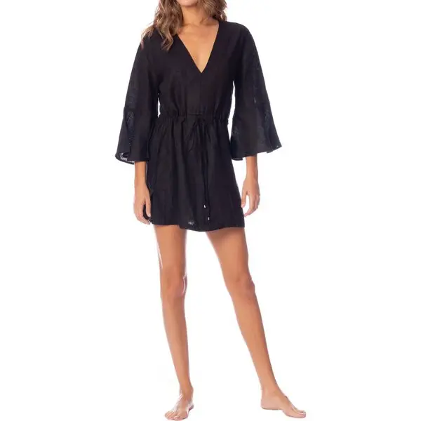 MAAJI Jade Joy Bell Sleeve Linen Cover-up Minidress - Black