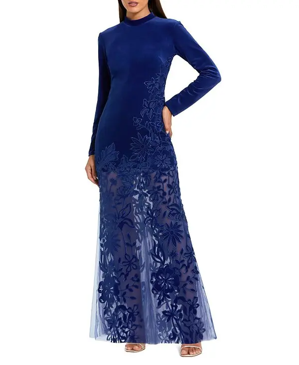 Mac Duggal Long Sleeve Sheer Floral Embroidered Velvet Gown - Cobalt