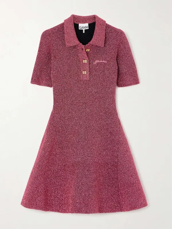 Ganni Embroidered Metallic-Knit Mini Dress In Pink - 50% Off | Editorialist