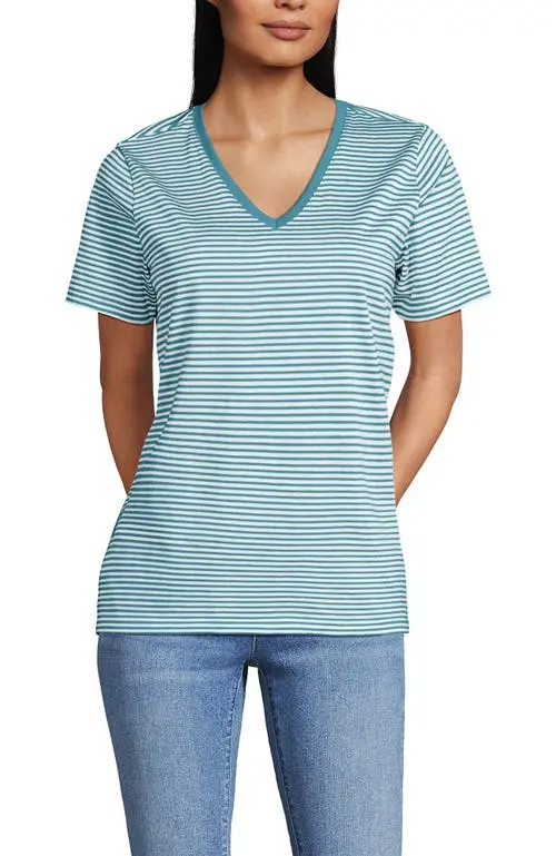 LANDS' END Relaxed Supima Cotton V-neck T-shirt - Bright Aqua Micro Stripe