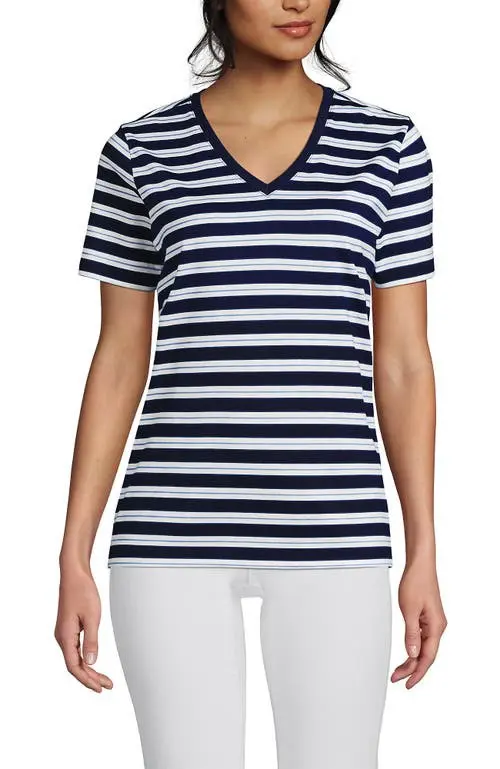 LANDS' END Supima Cotton V-neck T-shirt - Deep Sea/blue Multi Stripe