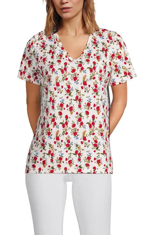 LANDS' END Supima Cotton V-neck T-shirt - Ivory Mini Poppy Floral