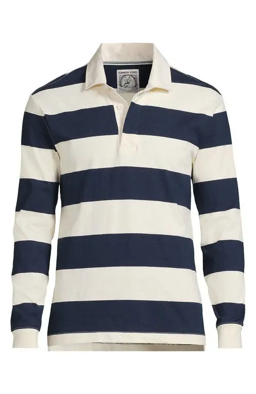 LANDS' END Long Sleeve Rugby Shirt - Lunar Navy/ivory Stripe