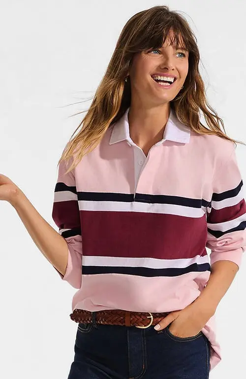 LANDS' END Long Sleeve Rugby Shirt - Sea Salt Pink Stripe