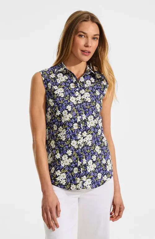 LANDS' END Sleeveless No Iron Dress Shirt - Deep Sea Spring Floral