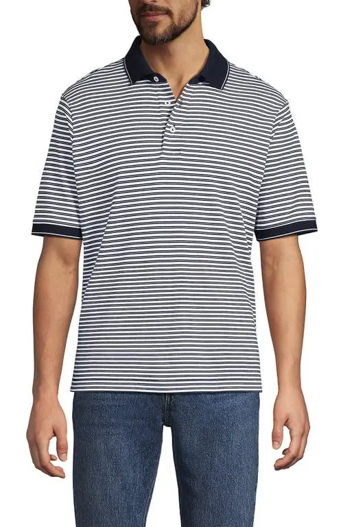 LANDS' END Short Sleeve Cotton Supima Polo Shirt - Radiant Navy Double Stripe