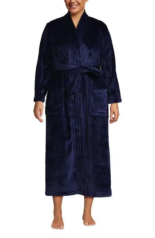 LANDS' END Tall Cozy Plush Long Wrap Robe - Deep Sea Navy